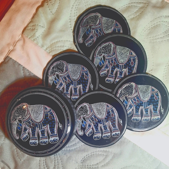 Accents | Elephant Themed Wood Lacquer 5 Coaster Set W Box | Poshmark